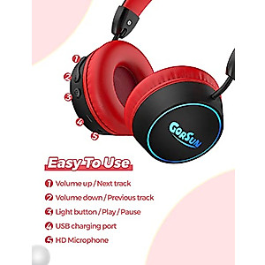 gorsun E95A Kids Headphones Wireless with Mic, Bluetooth 5.1, LED Lights Kids Bluetooth Headphones, 85dB Volume Limited Toddler Headphones, Stereo Headsets for School Tablet PC, Red