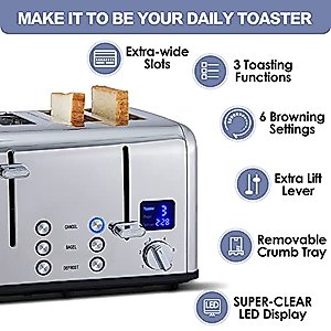 CUSIMAX 4 Slice Toaster, Ultra-Clear LED Display & Extra Wide Slots, Dual Control Panels of 6 Shade Settings, Cancel/Bagel/Defrost Function, Removable Crumb Trays, Stainless Steel Toaster