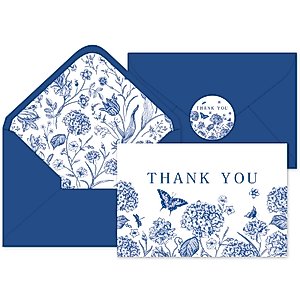 Whaline 24Pcs Blue Floral Thank You Cards with Envelopes and Stickers Blue Flower Butterfly Greeting Cards Vintage Blank Note Cards for Wedding Bridal Baby Shower