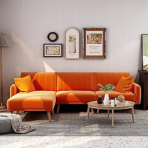UPHYB L-Shaped Orange Velvet Sectional Recliner Sofa Couch, 105" Modern Convertible Sleeper Sofa Bed with Adjustable Backrest, 3 Seat Sofa Set with Ottoman and 2 Pillows for Living Room and Apartment