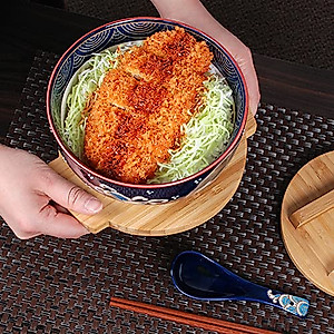 Japanese Dinnerware Set, Moon Rabbits Bowl with Wooden Lid, Chopsticks, Soup Spoon and Trivet, 7 Piece Kit