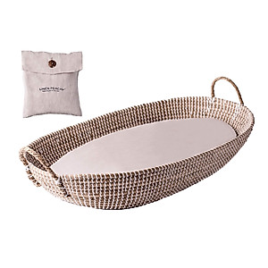 Baby Changing Basket with Pad - CPSC Safety Compliant - 100% Quilted Linen Cover Included - Nursery Changing Table Baskets - Baby Moses Basket Inspired - Diaper Changing Pad Set - 32”x16“x4“ (Linen)