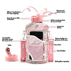 H2O Capsule 2.2L Half Gallon Water Bottle with Storage Sleeve and Removable Straw – BPA Free Large Reusable Drink Container with Handle - Big Sports Jug, 2.2 Liter (74 Ounce), Pink Marble