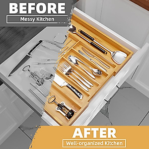 Chubangshou Utensil Organizer Silverware Drawer Organizer for Kitchen Drawer, Expandable Cutlery Tray Bamboo Flatware Organizer for Utensils, Knives, Cookware, 8-Compartment（Natural）