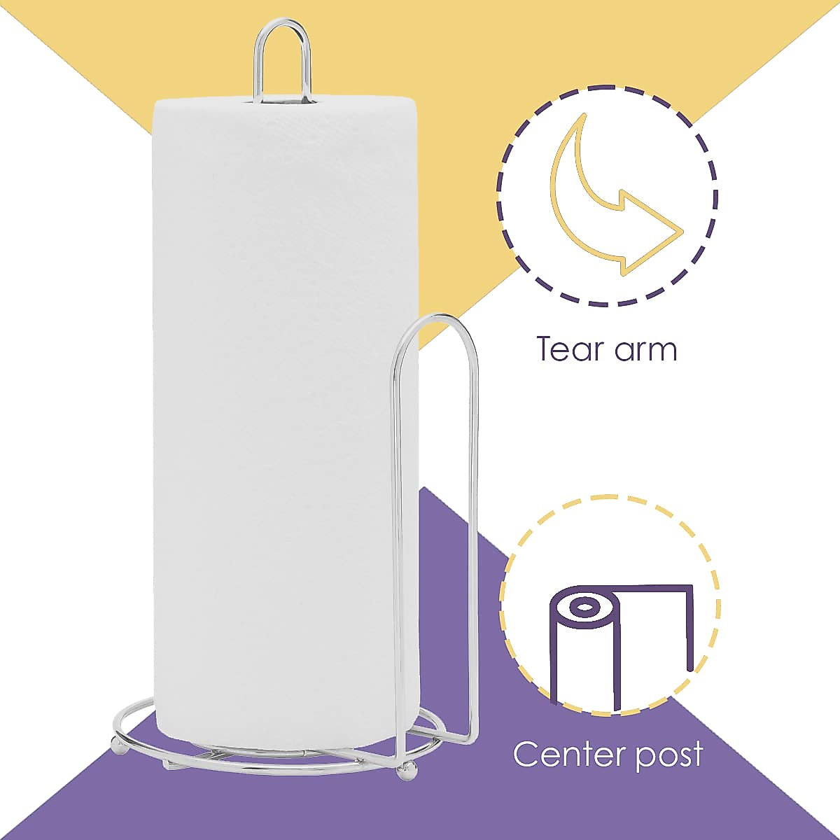 Free-Standing Paper Towel Holder with Easy-Tear Arm (Chrome), by Home Basics | Countertop Paper Towel Holder with Non-Skid Feet | Kitchen Paper Towels Holder