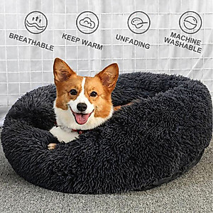 Patas Lague Calming Dog Bed for Small Dogs, Fluffy Soft Cozy Cat Bed, Faux Fur Anti-Anxiety Plush Washable Pet Donut Cuddler for All Seasons 20IN, Black