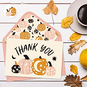 Whaline 24 Pack Fall Thank You Cards Bulk Pink Orange Pumpkin Star Greeting Cards with Envelopes Stickers Blank Note Cards for Autumn Thanksgiving Party, 4 x 6 Inch