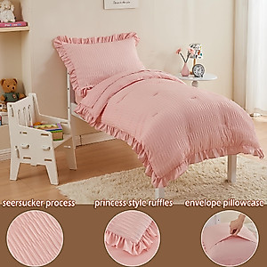 Cozyholy 4 Piece Textured Seersucker Toddler Bedding Set Girls Crib Sheets Set Pink Ruffle Baby Bed Comforter Set Lightweight Bed in a Bag | Include Comforter, Flat Sheet, Fitted Sheet, Pillowcase