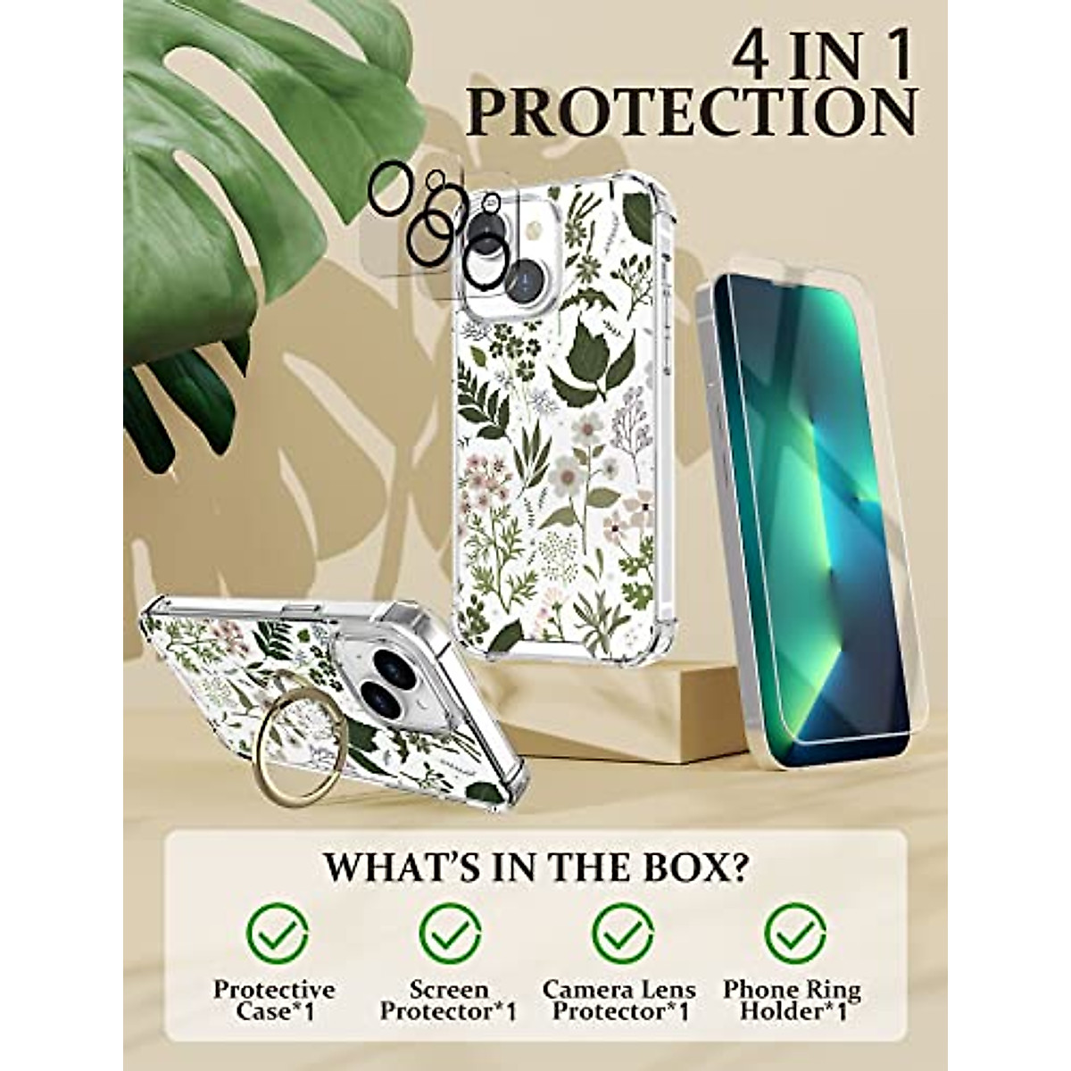 Cutebe [4 in 1 Phone Case for iPhone 13 Case/iPhone 14 Case 6.1 Inch, Cute Crystal Cover with Screen Protector + Camera Lens Protector+Rotatable Ring Stand Holder for Women