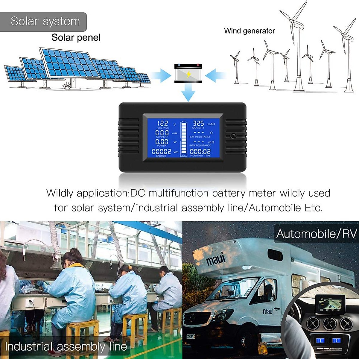 DC Multifunction Battery Monitor Meter,0-200V,0-10A (Widely Applied to 12V/24V/48V RV/Car Battery) LCD Display Digital Current Voltage Solar Power Meter Multimeter Ammeter Voltmeter