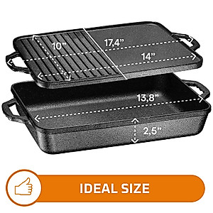 Bruntmor 3-In-1 Pre-Seasoned Cast Iron Pan with Reversible Grill Griddle Lid - 17.8"x11"x3.3" Non-Stick Multi Cooker Deep Roasting Grill Pan - Dutch Oven, Frying or Roasting Pan for Open Fire Camping