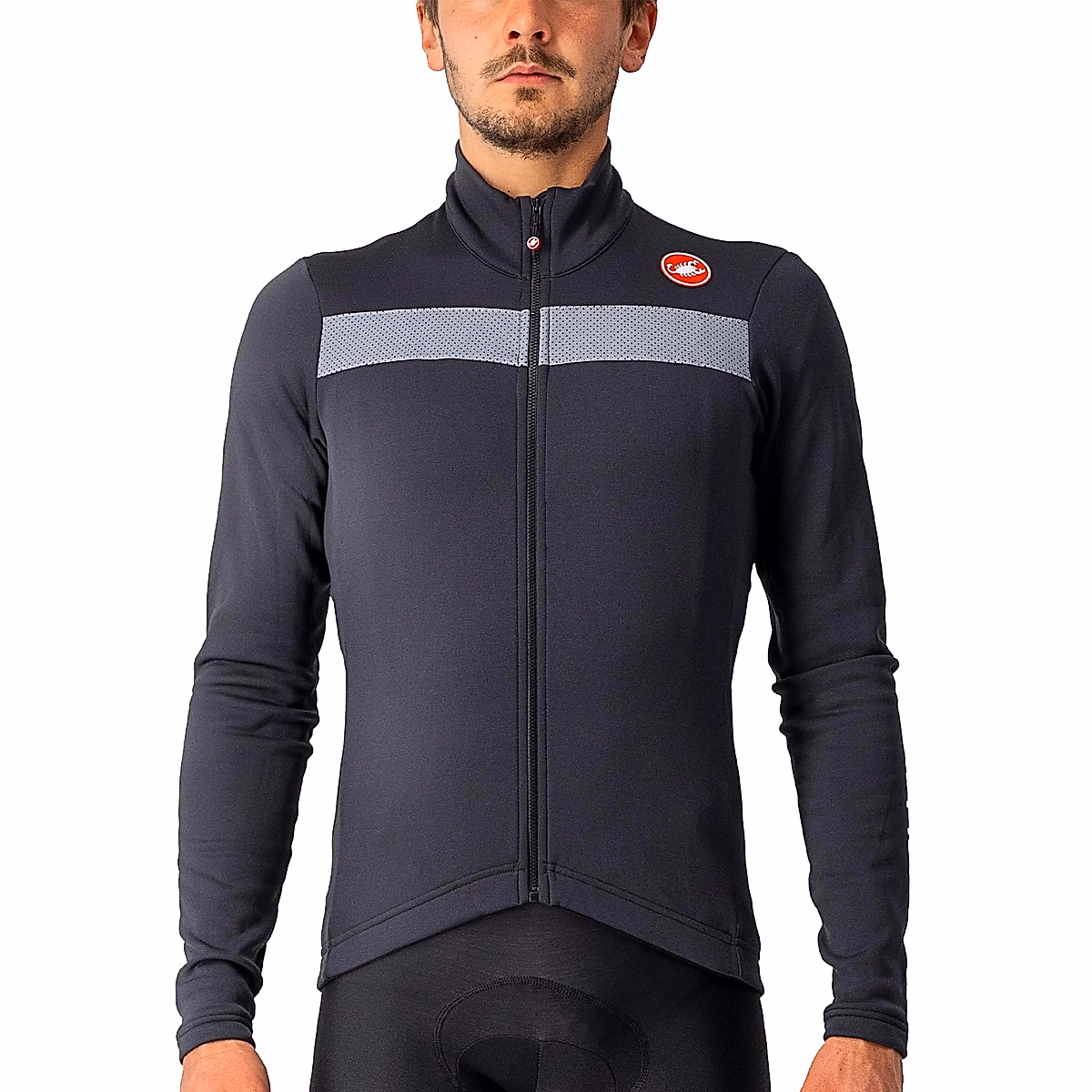 Castelli Men's Puro 3 Jersey FZ, Fleece Insulated Long Sleeve Zip Up with High Collar for Road and Gravel Biking I Cycling - Light Black/Silver Reflex - Medium