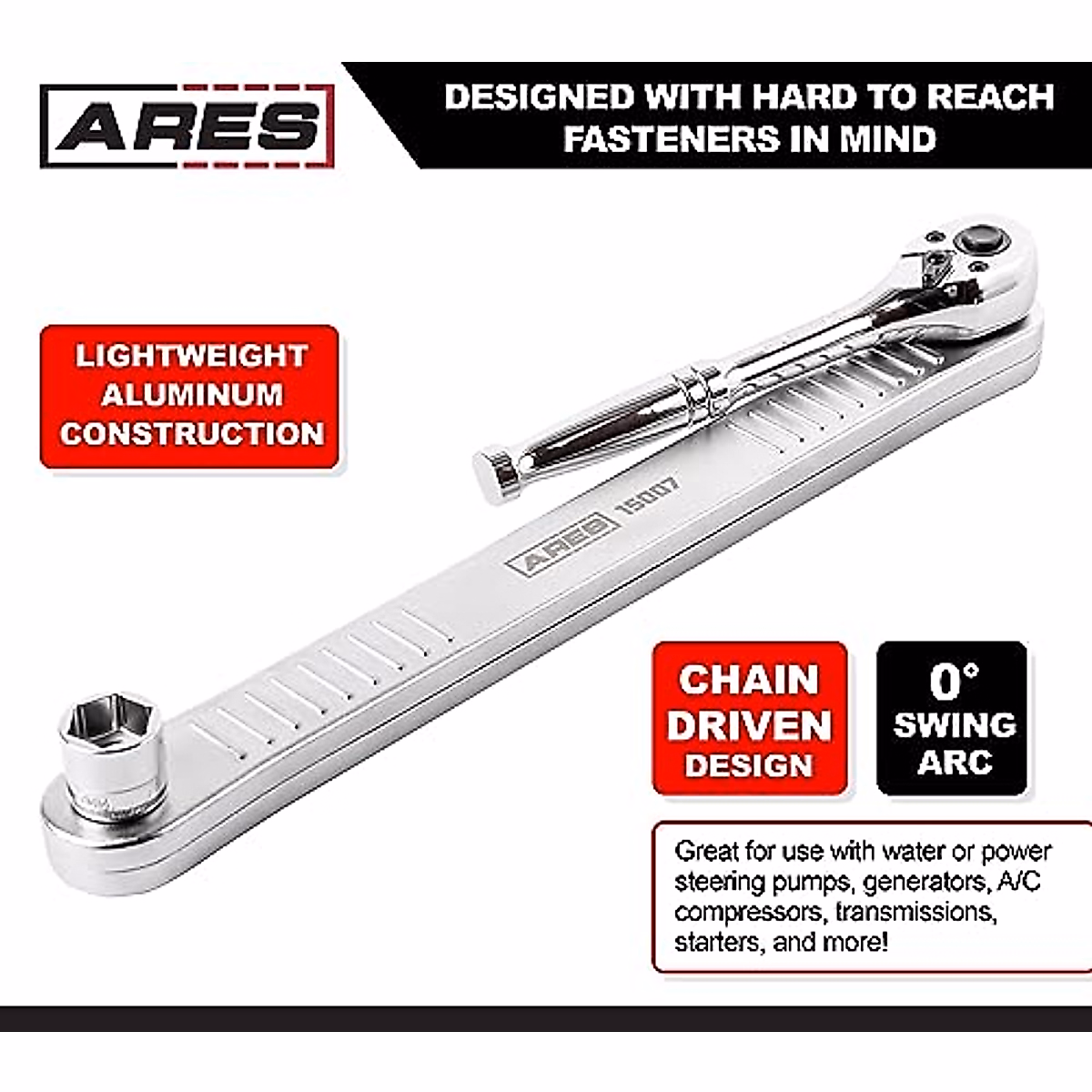 ARES 15007 - Offset Extension Wrench - Includes 1/4-Inch & 3/8-Inch Square Drive Adapters - 0 Degree Swing Arc for Access to Confined Fasteners - For Use with Impact & Pneumatic Wrenches