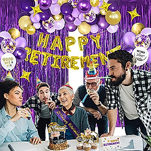 Sharonlily 84 Pcs Retirement Party Decorations for Women Men, Super Value Pack of Purple Gold Retirement Decoration Party Supplies, Happy Retirement Banner, Balloon Garland Arch, Fringe Curtains, etc.