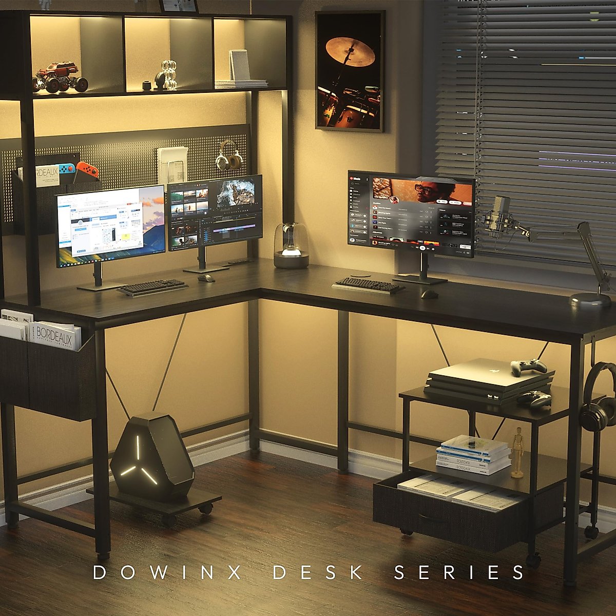 Dowinx L Shaped Desk with Pegboard and Removable Filing Cabinet, Reversible 67” Computer Gaming Desk with Power Outlet and Led, Office Corner Desk with Storage for Home Game, Grey