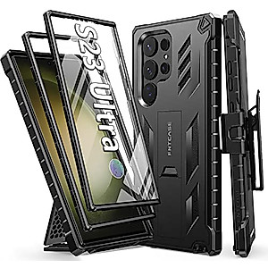 FNTCASE for Samsung Galaxy S23 Ultra Case: Built-in Screen Protector & Kickstand, Extra Front Frame, Full-Body Dual Layer Rugged Belt-Clip Holster Heavy Duty Shockproof Protective Phone Cover-Black