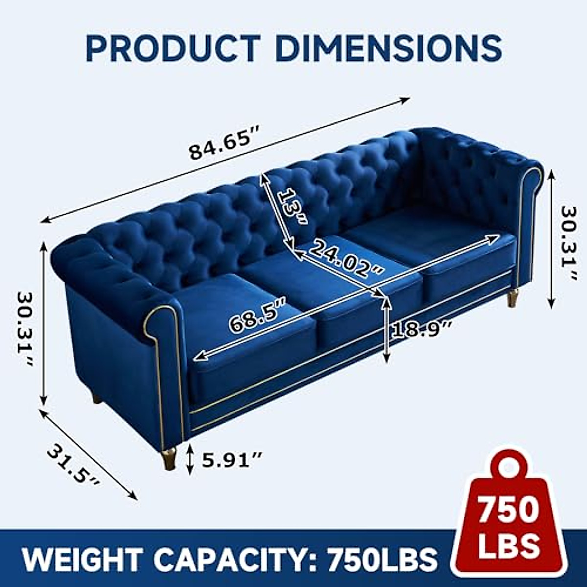 NIOIIKIT 84.65” Chesterfield Velvet Sofa, Button Tufted Upholstered Couch with Scroll Arms, 3 Seater Long Couch for Living Room, Bedroom, Office, Apartment (Chesterfield, Blue)