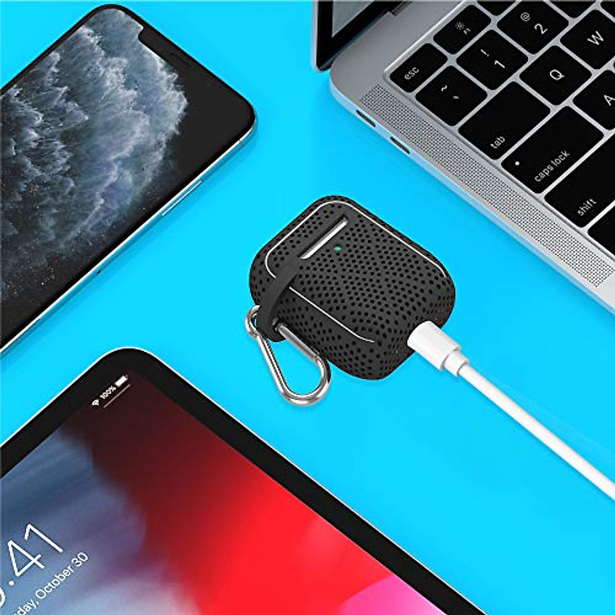 TALK WORKS AirPods Case Cover with Keychain - Protective Hard Silicone Skin for AirPods Keychain Case Clip Carabiner Wireless Charging Compatible with Apple Air Pod Carrying Case Series 1 & 2 - Black