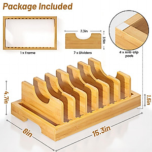 Kiasthome Bamboo Pot and Pan Organizer, Pot Lid Organizer Holder Rack for Countertop Drawer, Kitchen Cabinet Organizer with 7 Adjustable Dividers for Pots, Pans, Baking Sheets, Cutting Boards, Nature