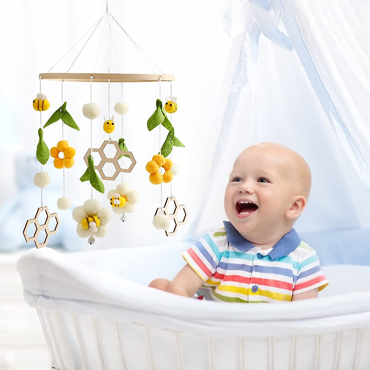 Bees Pendant Crib Mobile Wind Chime Hanging Bees and Bee Hive Bell Pendant Children Room Living Room Party Decoration Gift for Boys Girls