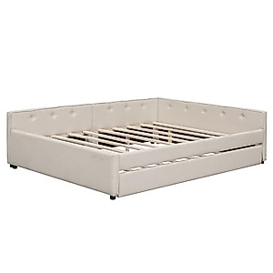 CABSETT Queen Size Upholstered Platform Bed with Trundle, Wood Daybed Frame Sofa Bed with USB for Bedroom Living Room Guest Room, Wood Slat Support, Space Saving Design, Beige