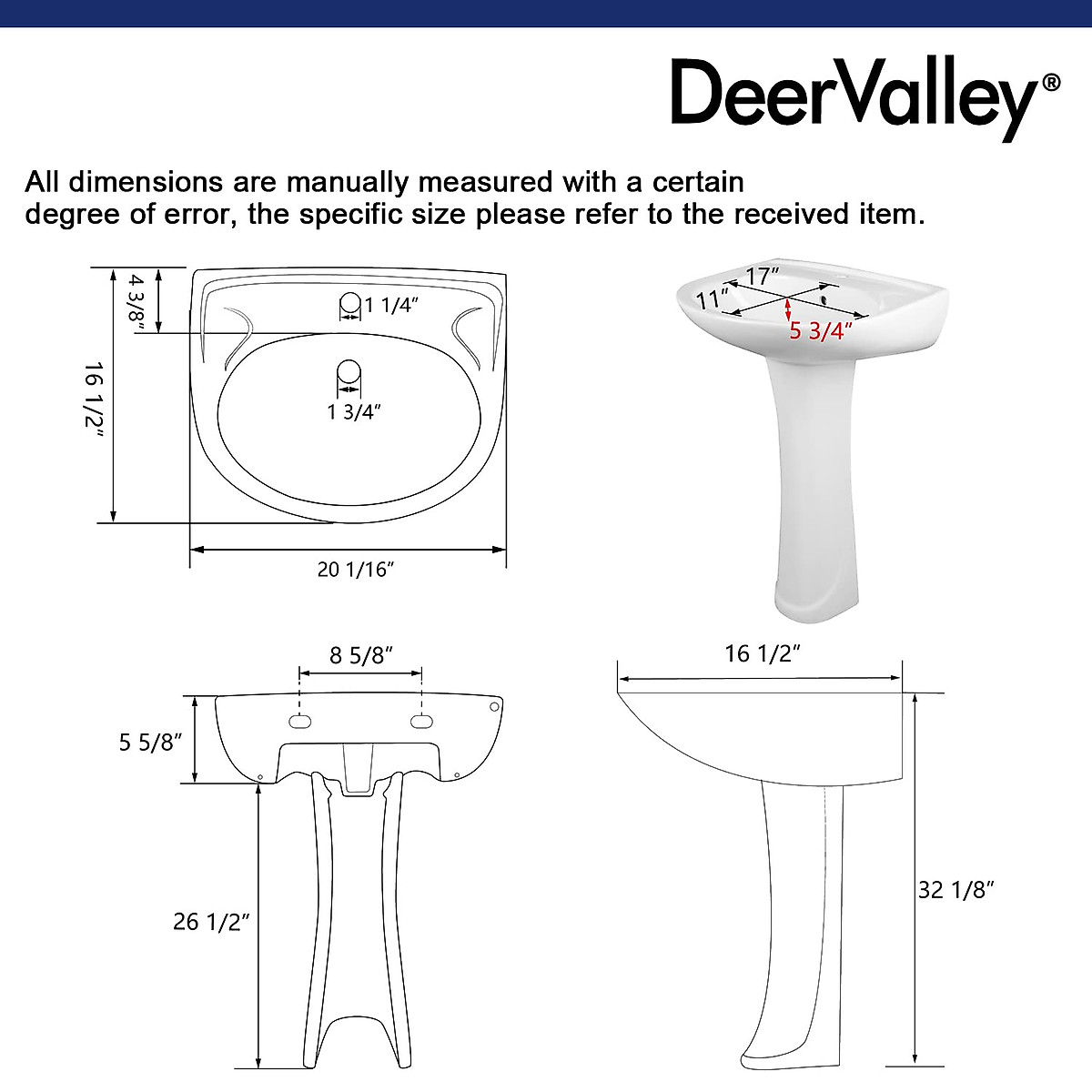 DeerValley DV-1P525 Ally 20" X 17" Modern U-Shape White Ceramic Pedestal Bathroom Sink With Overflow
