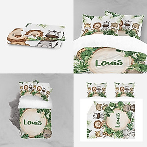 XIUCOO Personalized Adorable Jungle Safari Animals Duvet Cover Sets with Name Bedding Set 3 Pcs Quilt Cover with Zipper for Adult Birthday Gift,Queen Size