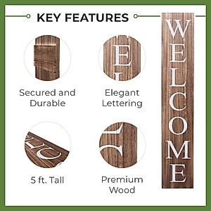 ALBEN Premium Extra Large Welcome Sign for Front Door Porch – 5 Feet Tall (58" x 11") Standing Vertical Wooden Sign, Indoor Home Decor Wall Decorations (Brown)
