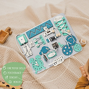 Sensory and Activity Busy Board for Toddlers - Made in Ukraine BD Gift for Boy and Girl, Baby, Kids, Children - Learning, Education, Travel (Gray Blue Mint) Wooden