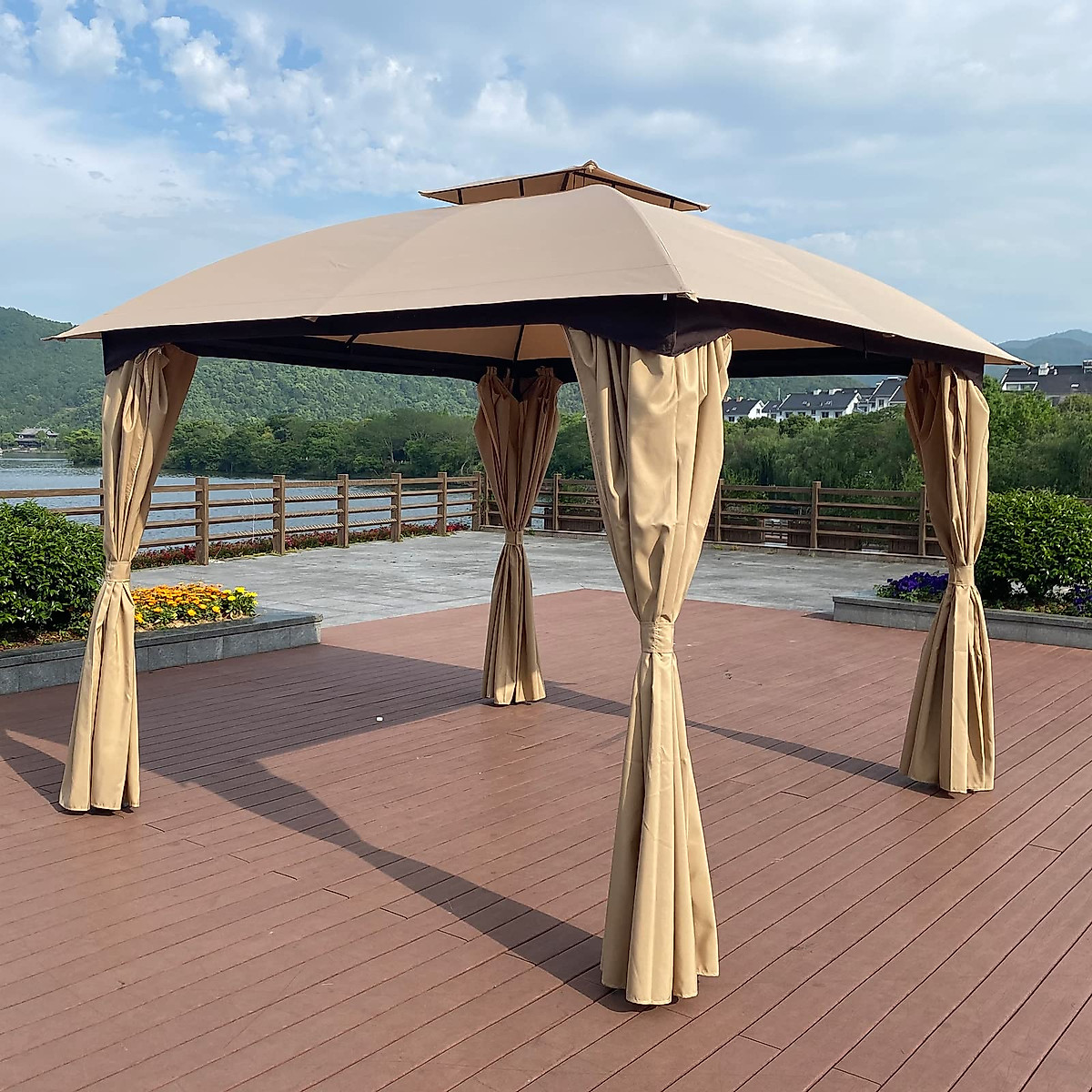 10 X 10ft Hardtop Gazebo, Double Roof Gazebo with Nettings, Outdoor Steel Frame Vertical Stripes Roof Permanent for Patio, Backyard, Lawns,Khaki