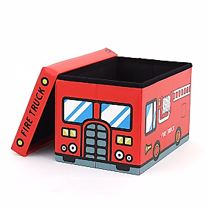 HOERGOTS Toy Chest with Lid Sturdy Toy Box for Boys Girls Fire Truck Pattern Foldable Children Storage Ottoman Bench Holds up to 660 lb, 19"x12"x12" (Red)