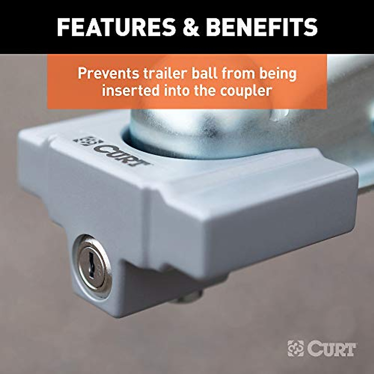 CURT 23079 Powder-Coated Aluminum Trailer Tongue Lock, Fits Most 2-Inch, 1-7/8-Inch Couplers , grey