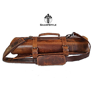 Knife Bag Knife Roll - Case for Knives - SharpStyle: Genuine Leather Chef Knife Roll - Beautifully Holds 10 Knives + Utility Pockets - Includes Leather Carry Handle and Strap - Large.
