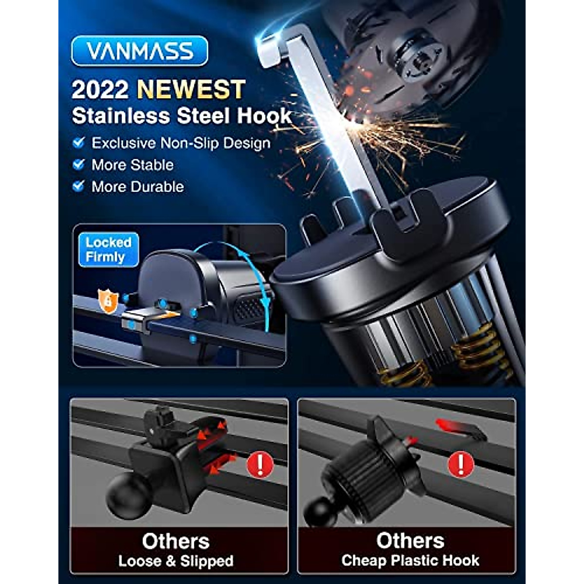 VANMASS Upgraded Car Vent Phone Mount [Patent Steel-Hook] Air Vent Holder Clip Sturdiest Shockproof Universal Mobile Cell Phone Mount Handsfree Stand Cradle for iPhone 14 13 Samsung Galaxy,Grey