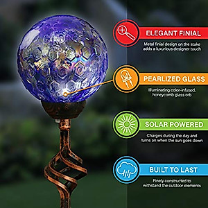 Exhart Garden Solar Lights, Decorative LED Honeycomb Glass Ball Garden Stake, Glass and Metal Outdoor Decoration, Dark Blue, 4 x 31 Inch
