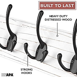 Ilyapa Coat Rack Wall Mount with Triple Hooks - 27 Inch Wood Wall Mount Coat Rack with Hooks, 6 Metal Three Pronged Tri-Hooks - for Hats, Coats, Kitchen, Bedroom, and More - White Finish