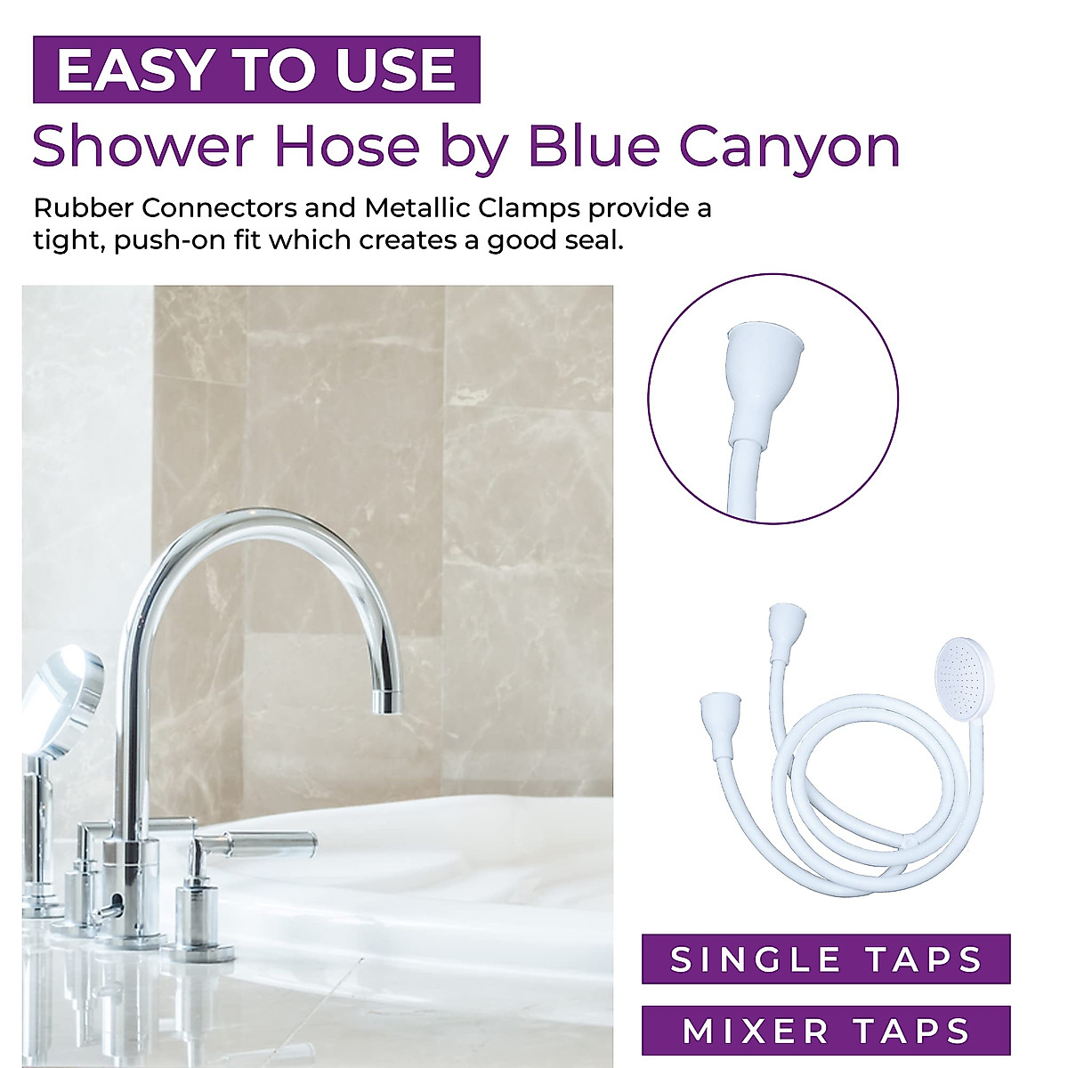 Blue Canyon Vector White Shower Head (SH001), Polished, Wall Mounted, Round, 1.5 meters Hose, 1 Jet