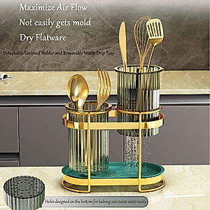 Zarnicy Kitchen Utensil Holder for Countertop - Cooking Utensils Silverware Caddy Organizer, Flatware Storage Cutlery Crock, Upgraded 2-Cups Drying Utensil Container With Drain Tray