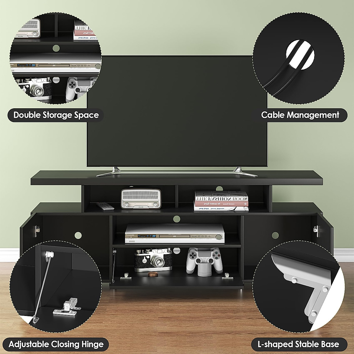 Modern TV Stand with Power Outlet, TV Console with LED Lights, TV Stand for 65 inch TV, Gaming Entertainment Center with Storage Cabinet and Large Storage, TV Stands for Living Room, Bedroom, Black