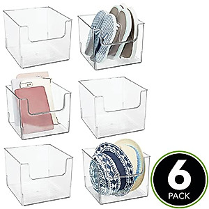 mDesign Modern Plastic Open Front Dip Storage Organizer Bin Basket for Closet Organization - Shelf, Cubby, Cabinet, and Cupboard Organizing Decor - Ligne Collection - 6 Pack - Clear