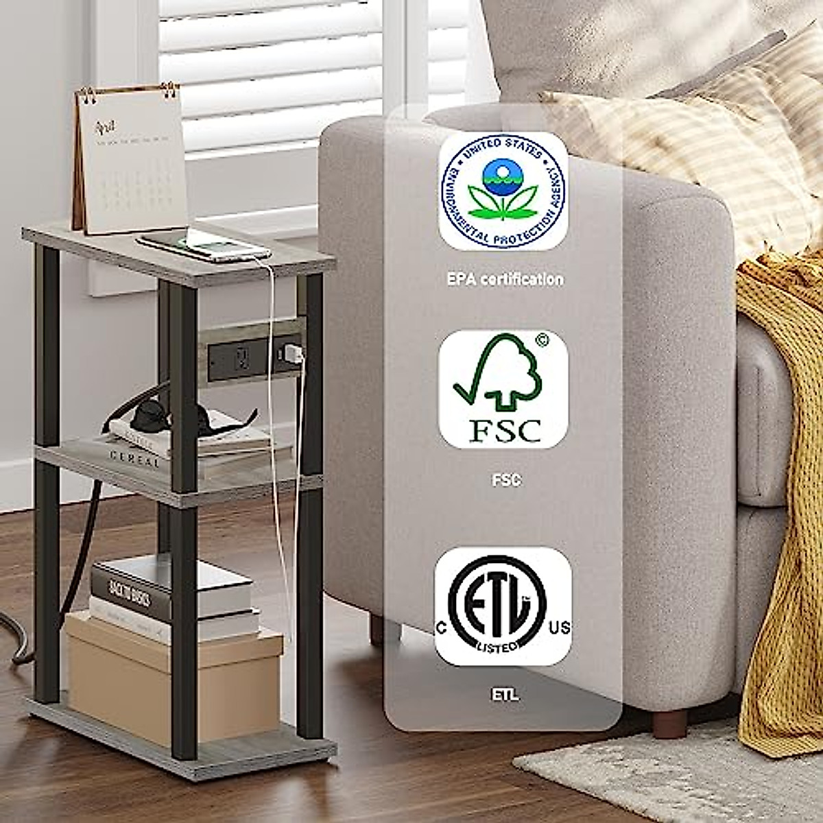 TUTOTAK Small Narrow Side Table with Charging Station, Set of 2 Skinny End Table for Small Spaces, Slim Nightstand with USB Ports and Outlet,Sofa Beside Table with Wheels, Greige TB01BG047