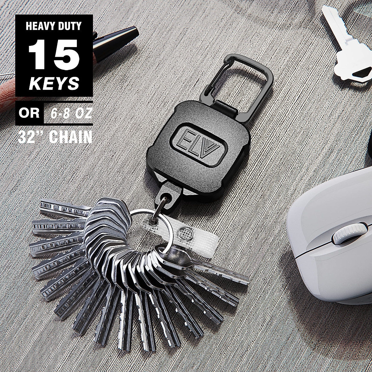 2 Pack ELV Self Retractable ID Badge Holder Key Reel, Heavy Duty, 32 Inches Cord, Carabiner Key Chain, Retractable Keychain Key Holder, Hold Up to 15 Keys and Tools (Black)