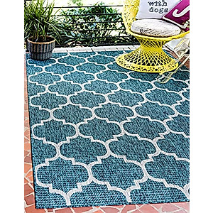 Unique Loom Outdoor Trellis Collection Area Rug (7' 1" x 10' Rectangle, Teal/ Gray)