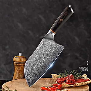 MOKEEN Cleaver Knife 7 Inch, 67 Layers VG10 Damascus Steel Kitchen Knife, Ultra Sharp Meat Cleaver, Professional Chef Knife with Unique Wood Handle, Full Tang, Gift Box