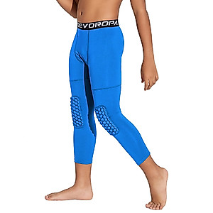 DEVOROPA Youth Boys' Compression Pants with Knee Pads 3/4 Basketball Athletic Tights Quick Dry Sports Workout Leggings Royal XL