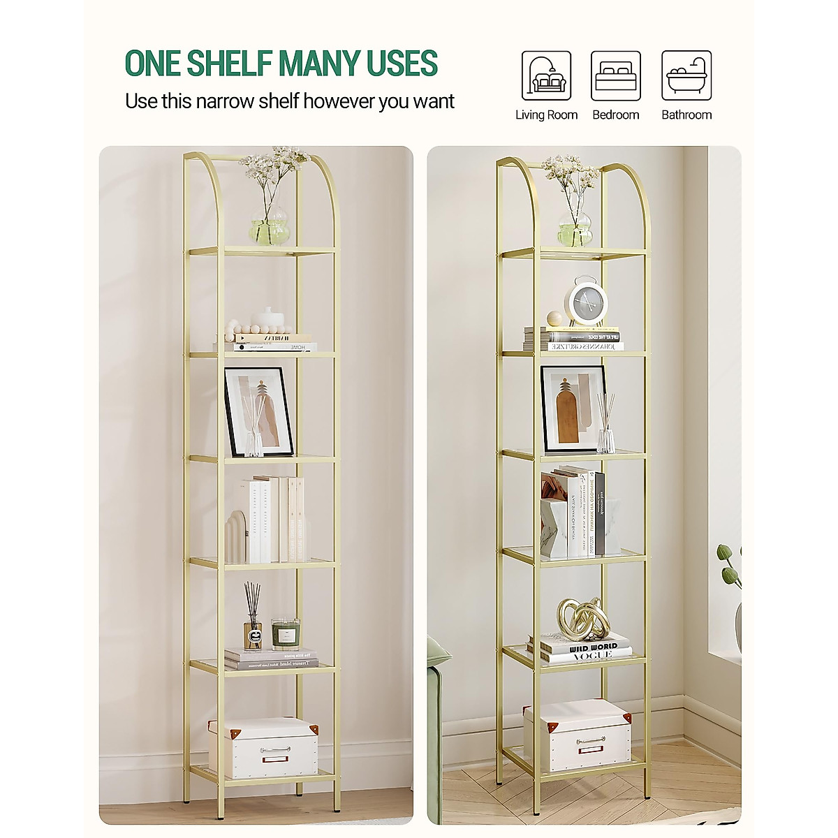 Hzuaneri Bookcase Bookshelf, Tempered Glass Arched Bookshelf for More Storage, Slim Shelving Unit for Bedroom, Bathroom, Home Office, Steel Frame, 6 Tier Gold BC20699G