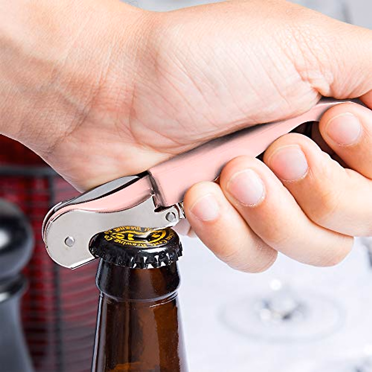 Pulltap's Double-Hinged Waiters Corkscrew, Wine Opener and Foil Cutter, Beer Bottle Opener, Light Pink
