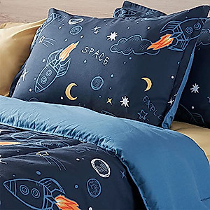 SLEEP ZONE Kids Twin Bedding Comforter Set - Super Cute & Soft Kids Bedding 5 Pieces Set with Comforter, Sheet, Pillowcase & Sham (Space Rocket)