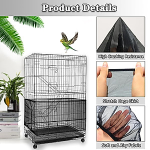 Bird Cage Seed Catcher, Bird Cage Net Cover Adjustable Bird Cage Netting Seed Catcher for Bird Cages Seed Catcher Guard Net Cover Bird Cage Skirt for Parrot Parakeet Macaw Round Square Cages - Black