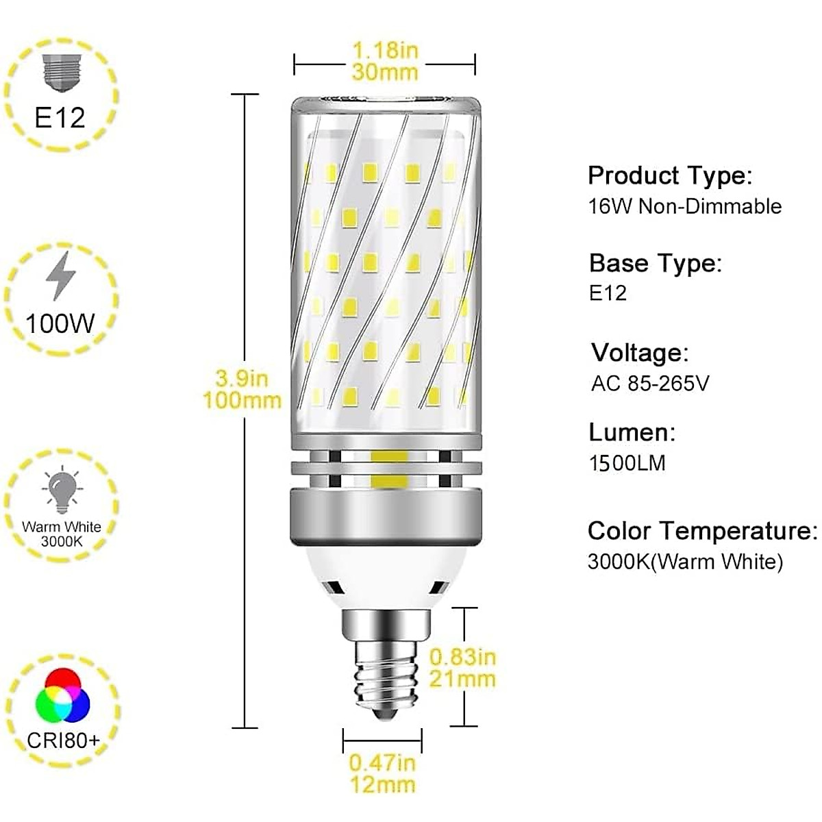inShareplus E12 LED Bulbs, 16W Candelabra Light Bulbs, Warm White 3000K, CRI80+, 1500LM 120W Equivalent, E12 Base LED Chandelier Bulbs, Non-Dimmable LED Lamp, 6Pack
